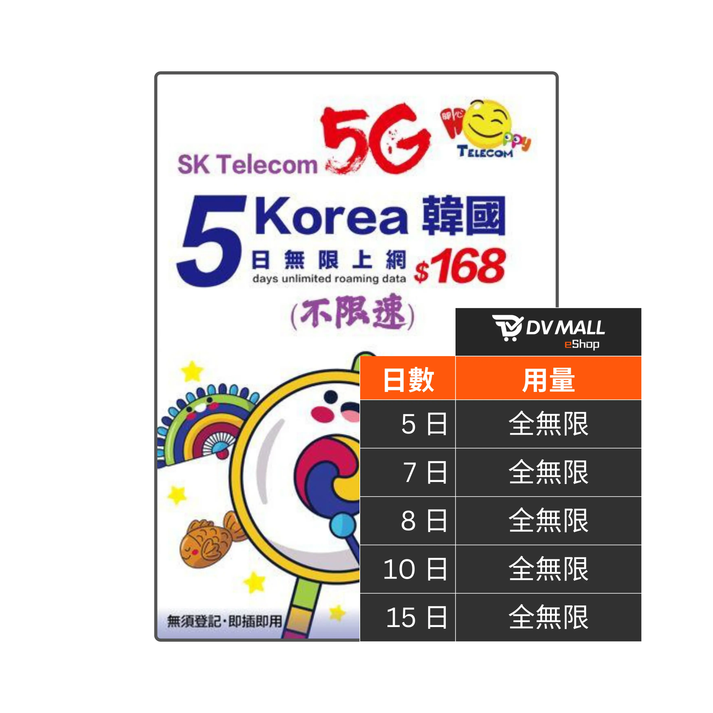 Happy Telecom 5G 韓國 | 全無限放題卡 (不限速) | SK TELECOM 南韓電訊 | 即插即用